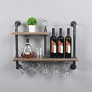 Industrial Wall Mounted Wine Rack,2 Tier Stemware Rack,Wine Bottle Stemware Glass Rack,Mugs Racks,Bottle & Glass Holder,Wine Storage Display Racks,Home & Kitchen Décor(28inch)