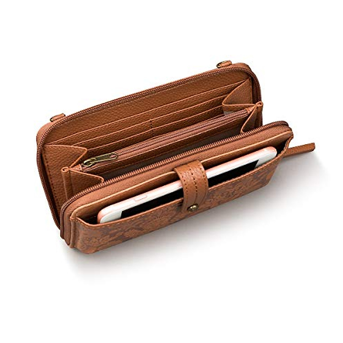 The Sak Iris Large Smartphone Crossbody Bag in Leather, Convertible Wristlet Purse Design, Tobacco Floral Embossed