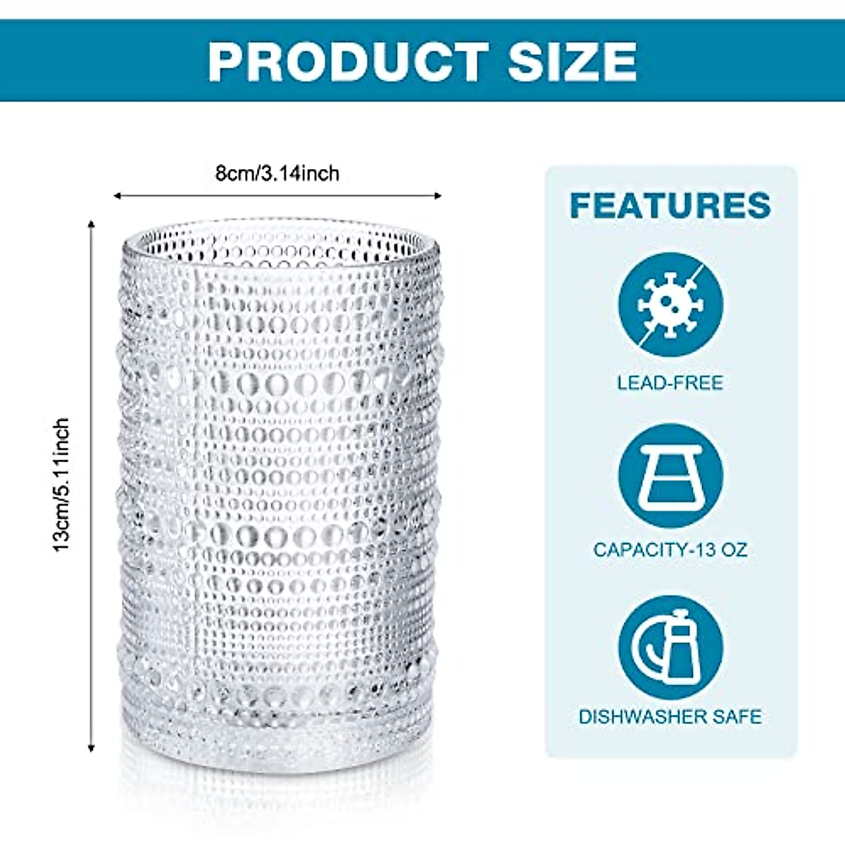 Hobnail Drinking Glasses 13 oz Cocktail Glasses Vintage Glassware Old Fashioned Drinking Glasses Embossed Glassware Cups for Beverage, Water, Wine, Beer, Juice, Mixed Drinkware (Clear, 12 Set)