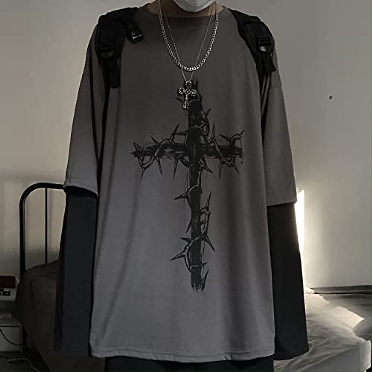 Goth Shirt Gothic Shirt Fake Two-Piece Alternative Clothing Goth Long Sleeve Top Grunge Clothes (Gray,M,Medium)