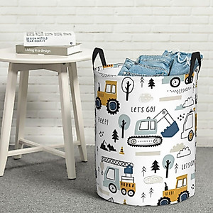 Lets Go Construction Vehicle Excavator Tractors Laundry Hamper with Durable Handle Waterproof Collapsible Laundry Basket Circular Dirty Clothes Storage Basket for Bathroom Bedroom College Dorm
