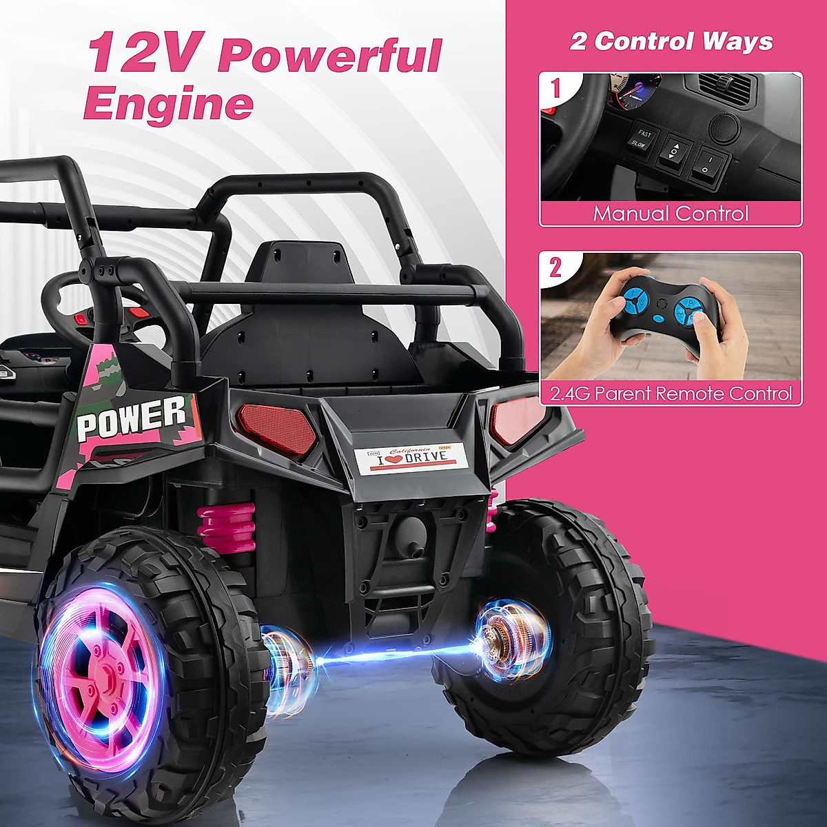 Costzon Ride on Car, 12V Kids UTV with 2.4G Remote Control, Music, LED Lights, Radio, USB Port, Storage, Slow Start, Battery Powered Off-Road Buggy for Boys Girls Aged 3-8 Years, Ride on UTV (Pink)
