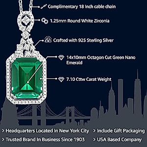 Gem Stone King 925 Sterling Silver Green Simulated Emerald Pendant Necklace For Women (7.10 Cttw, Emerald Cut 14X10MM, with 18 Inch Silver Chain)