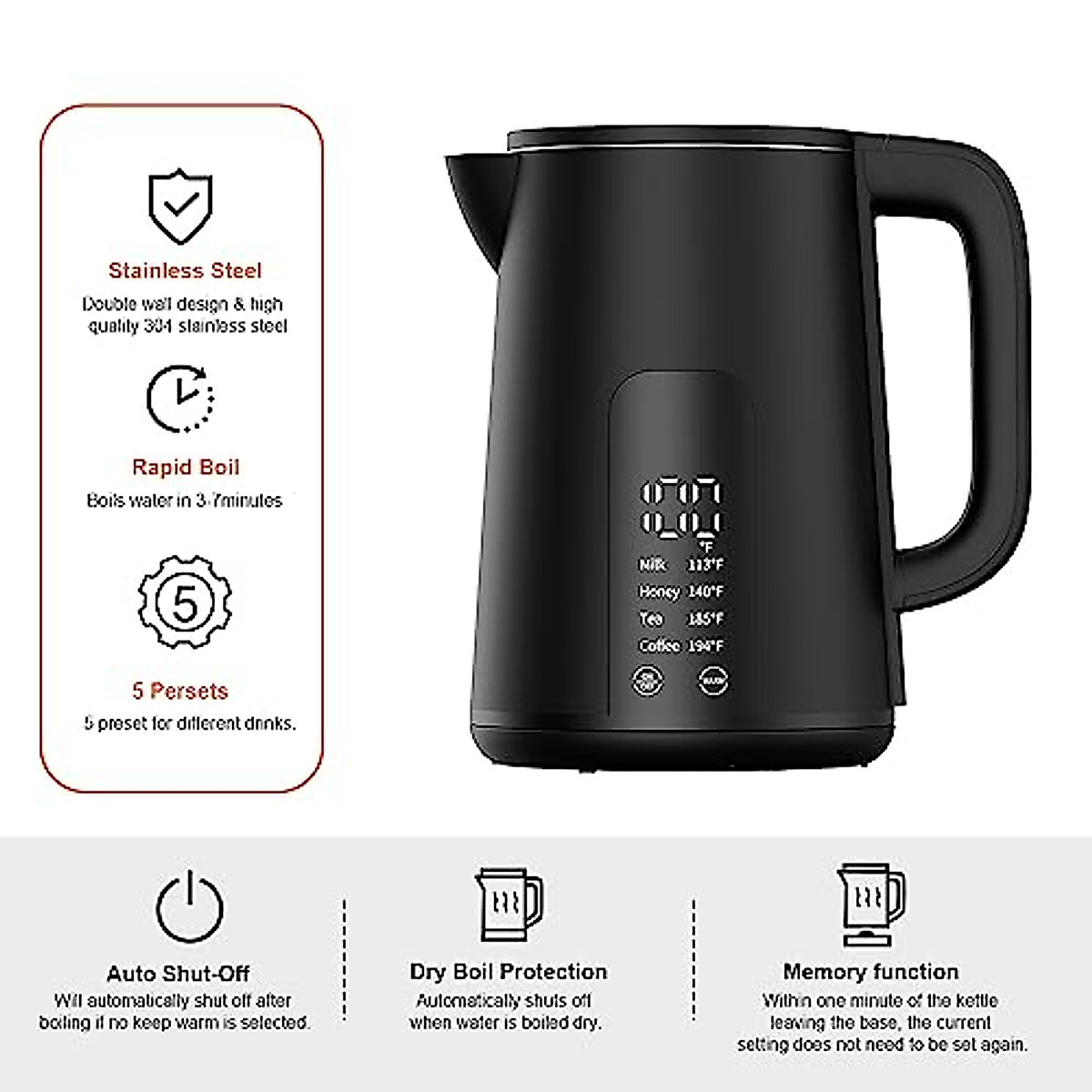 Onlicuf Temperature Control Electric Kettle, 304 Stainless Steel Interior Tea Kettle & Hot Water Boiler with Display, Auto-Off & Boil-Dry Protection, 1.7L, Keep Warm, Fast Boiling, BPA Free.