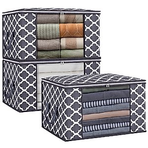 Fixwal Clothes Storage 3 Pack 100L Storage Containers Foldable Blanket Storage Bags for Organizing Clothing Bedroom Comforter Closet Dorm Sweater Quilts Organizer Grey