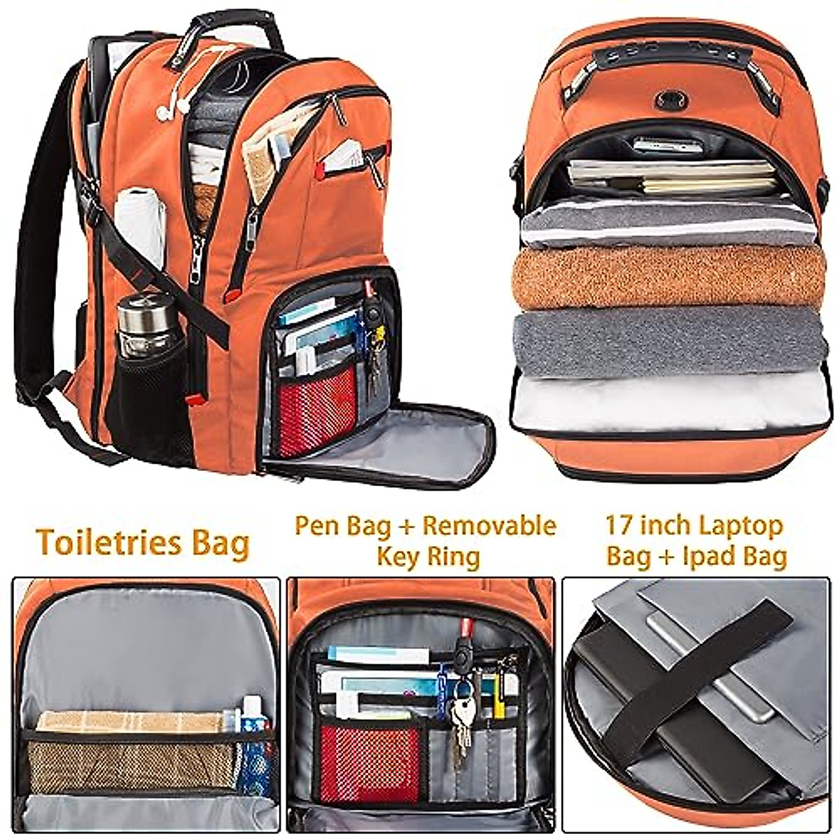 Extra Large 50L Travel Laptop Backpack, Computer bag Backbag with USB Charging Port, TSA Friendly Durable Big RFID Heavy Duty Business Tech Backpack Fits 17 Inch Laptops for Men Women, Orange