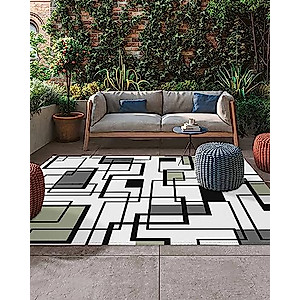 Sage Green Geometric Outdoor Rug for Patio/Deck/Porch, Non-Slip Large Area Rug 5 x 8 Ft, Black Gray Modern Abstract Art Indoor Outdoor Rugs Washable Area Rugs, Reversible Camping Rug Carpet Runner