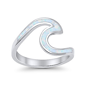 Wave Swirl Band Ring Irregular Shape Lab Created White Opal 925 Sterling Silver, Size-7