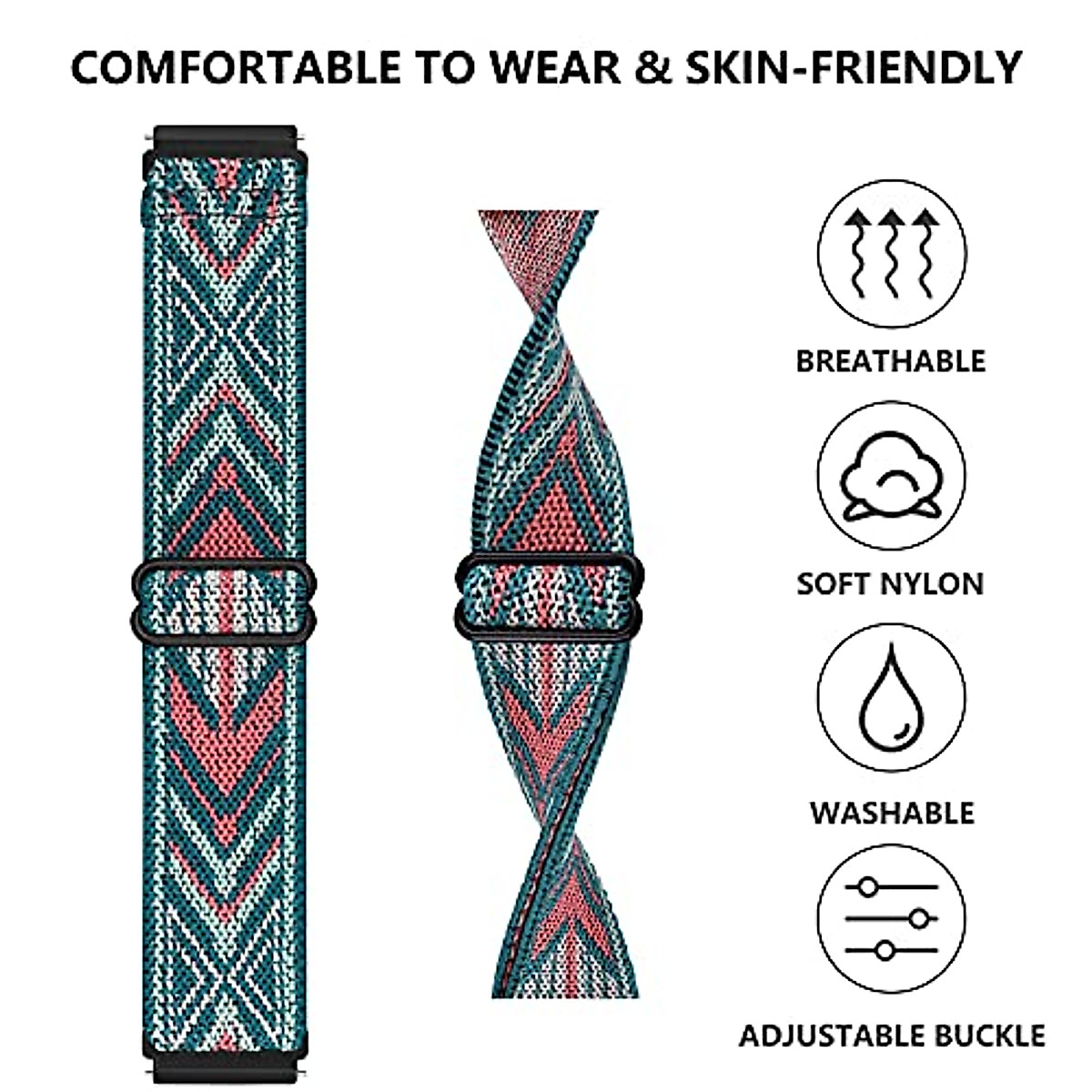 Wanme Bands for Garmin Venu / Vivoactive 3 Watch Band, 20mm Adjustable Elastic Replacement Wristband Strap for Garmin Venu Sq, Vivoactive 3 Music, Forerunner 645 / 245 Music, Samsung Galaxy Watch 4 (Green Arrow)