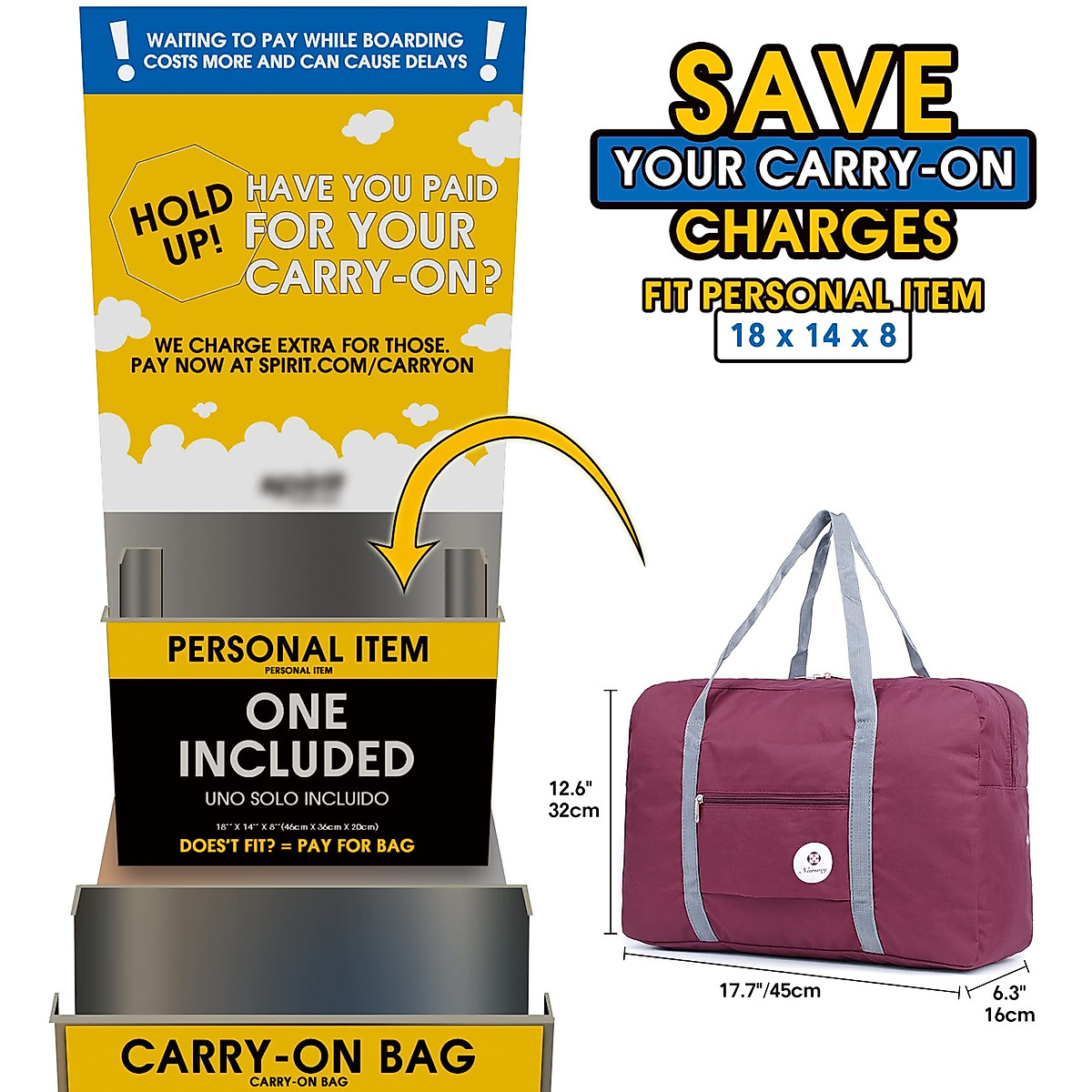 Narwey For Spirit Airlines Foldable Travel Duffel Bag Tote Carry on Luggage Sport Duffle Weekender Overnight for Women and Girls (1112 Wine Red)