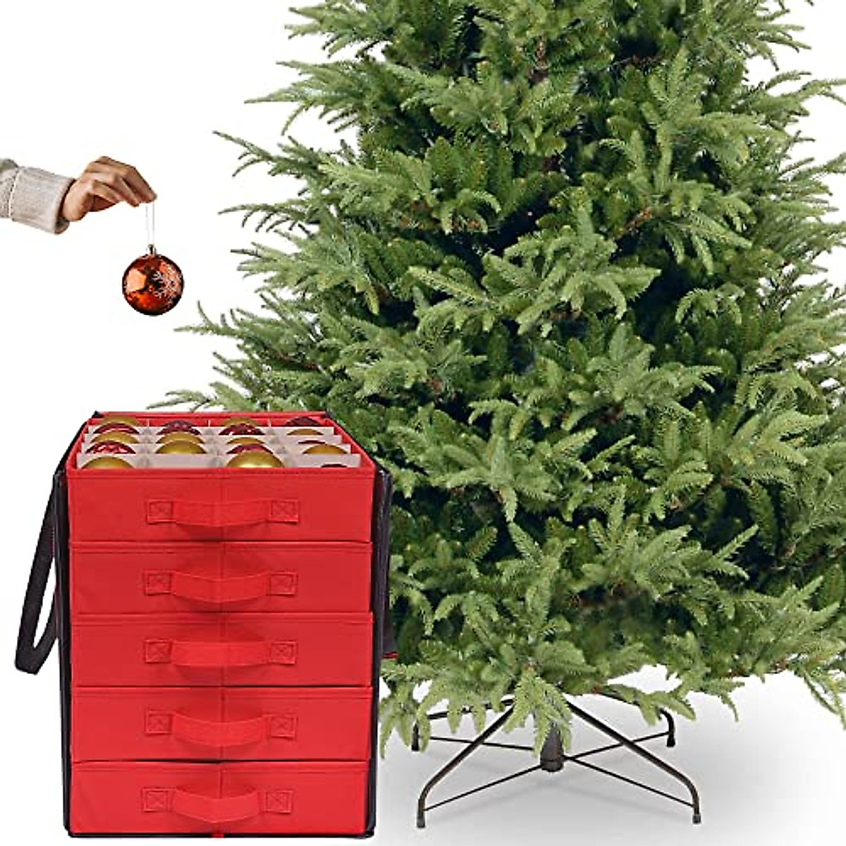 ProPik Christmas Ornament Storage Boxes with Dividers - 5 Separate Trays - Ornament Holder - Keeps 100 Holiday Ornaments - Durable Carrying Bag Handles Organizer Storage Box (Red)