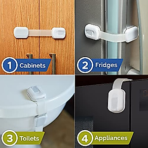 Child Safety Strap Locks (4-Pack) Baby Locks for Cabinets and Drawers, Toilet, Fridge & More. 3M Adhesive Pads. Easy Installation. (White/Gray)