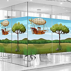 Blue Green Static Clung Window Film Frosted Stained Flower Glass Sticker for Privacy Explore Girl Boy New Adventures Hot Air Balloon Privacy Film 17.7Wx23.6L-inch x2 Pcs