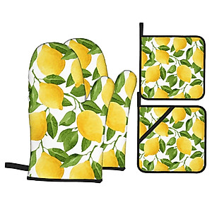 Yellow Lemon Oven Mitts and Pot Holders Set of 4, Oven Mittens and Potholders Heat Resistant Gloves for Kitchen Cooking Baking Grilling BBQ