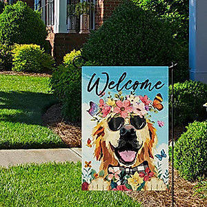 CMEGKE Spring Summer Golden Retriever Garden Flag, Spring Summer Dog Flags, Spring Summer Flags Summer Spring Rustic Vertical Double Sided Burlap Golden Retriever Floral Home Holiday Party Farmhouse Yard Lawn Outside Decorations 12.5 x 18 In