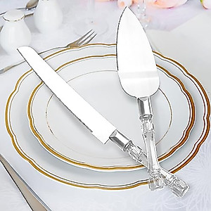 Cake Knife and Server Set - 2 Pcs Cake Cutting Set for Wedding with Stainless Steel Blades, Wedding Cake Knife with Acrylic Faux Crystal Handles, Perfect for Wedding Cake and Birthdays (Silver)