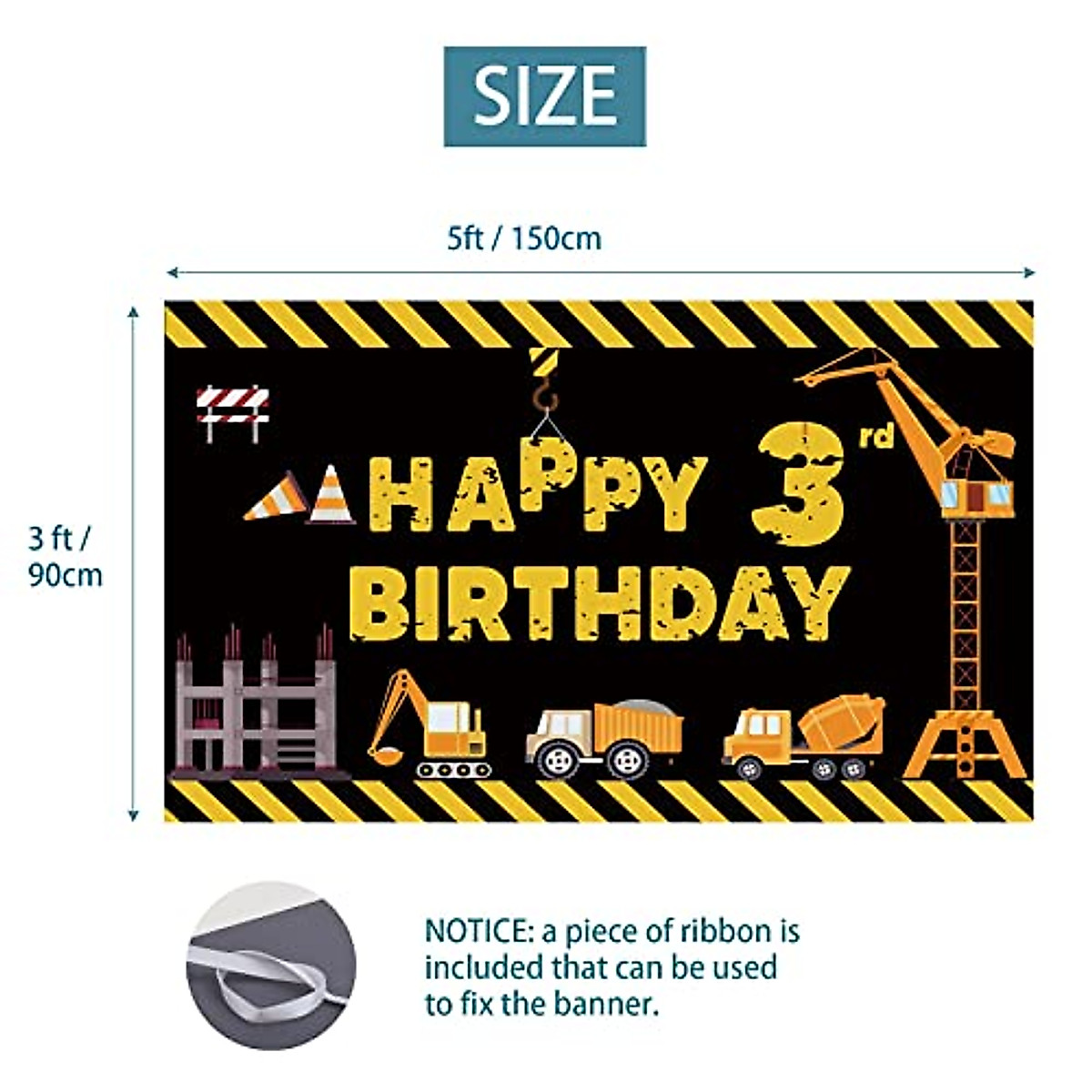 Joyiou Construction Theme Happy 3rd Birthday Decorations Backdrop Banner for Boy Kids, Three Years Old Yellow Black Dump Truck Birthday Party Excavator Crane Sign Supplies Photo Booth Props (5* 3 ft)