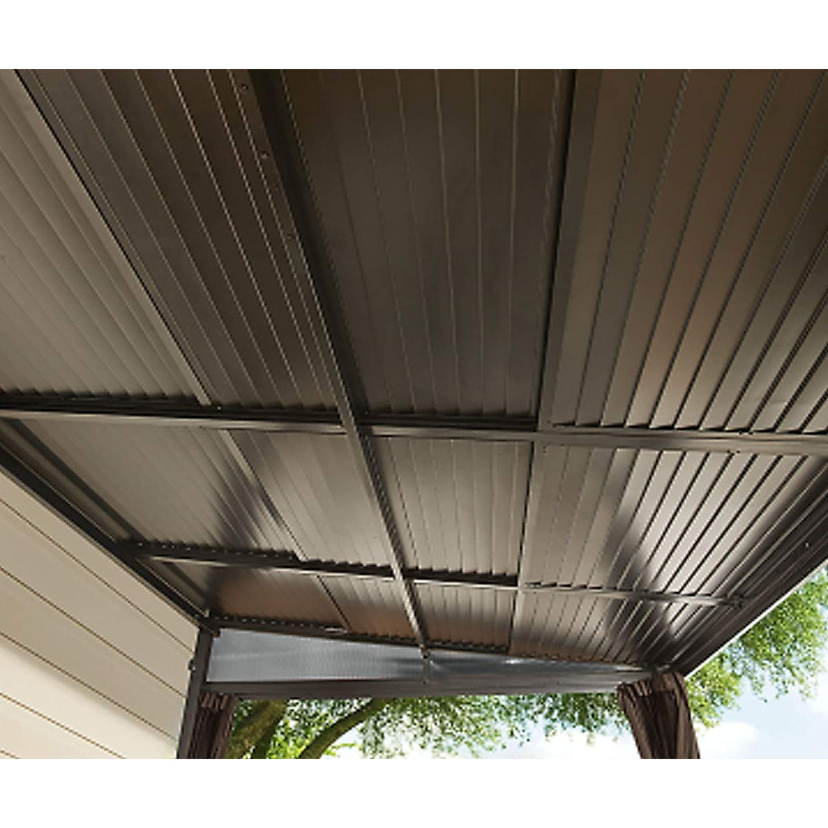 Sojag 10' x 12' Francfort Wall-Mounted Hardtop Gazebo Outdoor Weather-Resistant Aluminum Frame Sun Shelter Black,Brown