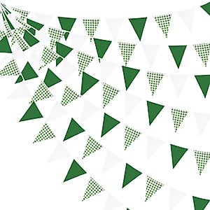 32Ft Green Party Decorations Green Buffalo Plaid Checkered White Triangle Flag Gingham Pennant Bunting Fabric Garland for Wedding Birthday Picnic BBQ Outdoor Golf Party Dinosaur Arbor Day Decorations