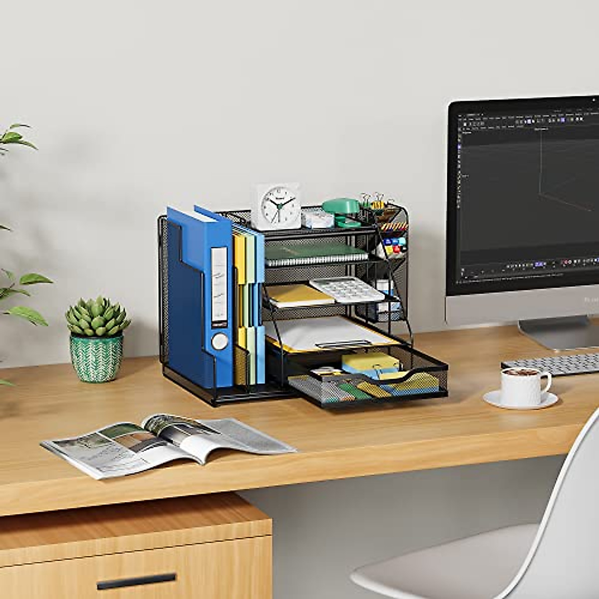 VIVSOL Black 5-Tier Desk Organizer with Pen Holder, Mesh File Folder Holders, Sliding Drawers for Office, School, Home