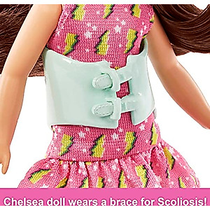 Barbie Chelsea Doll, Small Doll with Brace for Scoliosis Spine Curvature, Brunette Wearing Pink Lightning Bolt Dress