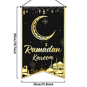 Ramadan Kareem Hanging Door Sign Ramadan Decorative Hanging Sign Muslim Party Decorations Black Gold Moon Lantern Banner for Ramadan Kareem Eid Mubarak Home Decor Muslim Ramadan Party Supplies Favor