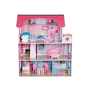 PIDOKO KIDS Wooden Dollhouse - includes 12 Pcs Furniture Accessories - Wood Doll House for 3 4-5 Year Old Girls