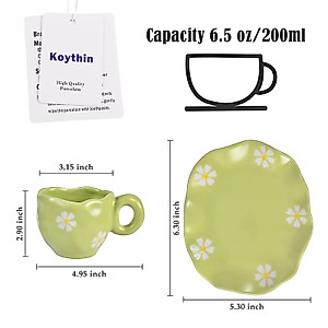 Koythin Ceramic Coffee Mug with Saucer Set, Cute Creative Daisy Cup Saucer for Office and Home, Dishwasher and Microwave Safe, 6.5 oz/200 ml for Latte Tea Milk (Green)