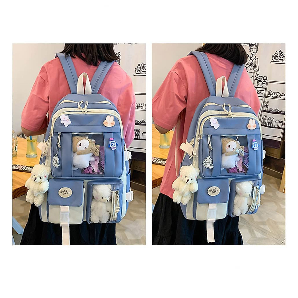 AONUOWE 5 pcs Cute Aesthetic Backpack Set for School Teens, 3 Plushies & 5 Pins & Cards Kawaii Backpack with Accessories (Blue)
