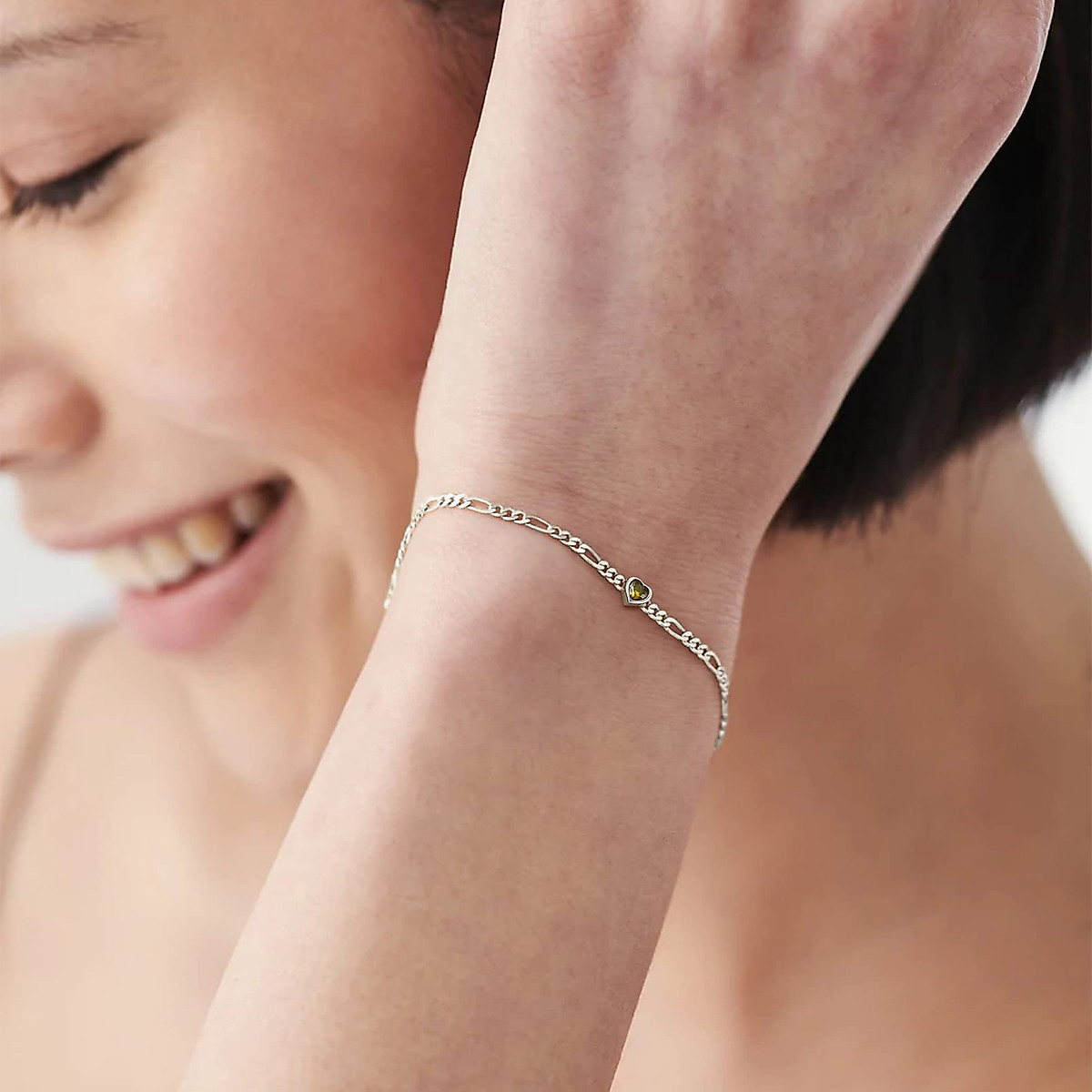 ChicSilver 925 Sterling Silver Heart Bracelet for Women Dainty 3mm Cubic Zirconia CZ Created Aquamarine March Birthstone Figaro Chain Bracelet Birthday Jewelry Gifts