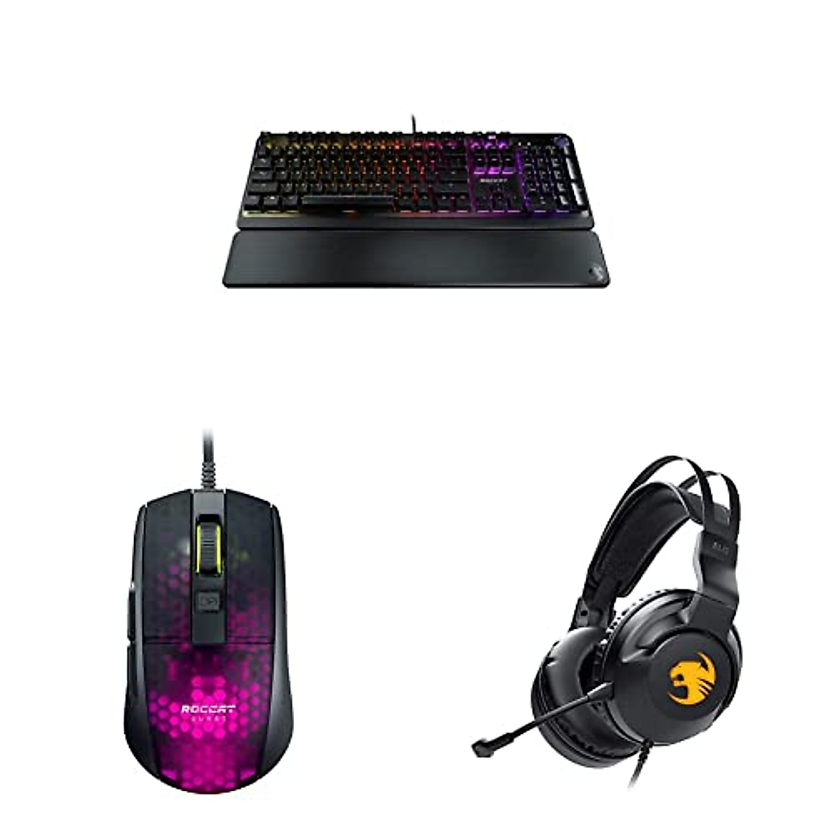ROCCAT Pyro Mechanical Gaming Keyboard with RGB Lightning, Black (ROC-12-622) Burst Pro Lightweight Optical Gaming Mouse & ROCCAT Elo 7.1 USB Wired Surround Sound PC Gaming Headset