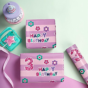 WRAPAHOLIC 3rd Birthday Wrapping Paper Sheet - 6 Sheets Pink Happy Birthday with Floral Design Folded Flat for Birthday, Party, Baby Showers - 19.7 Inch X 27.5 Inch Per Sheet