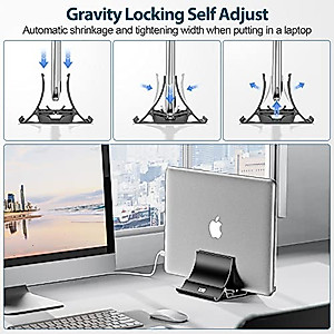 Vertical Laptop Tablet Stand, Gravity Lock Auto Shrink Desktop Notebook Holder for Desk Organizers and Storage Compatible with MacBook Air Pro Samsung, HP, Dell, Microsoft Surface and Gaming Laptops