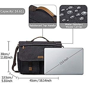 VASCHY Messenger Bag for Men, Vintage Water Resistant Waxed Canvas Satchel 15.6 inch Laptop Briefcase Shoulder Bag with Padded Shoulder Strap Gray