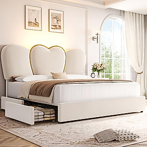 HITHOS King LED Bed Frame with 4 Storage Drawers, Modern Velvet Upholstered Platform Bed with 55" Tall Heart Shaped Headboard, Solid Wooden Slats Support, No Box Spring Needed, Metal Trim, Beige