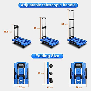 KelejakaMT Folding Hand Truck, 330 LB Heavy Capacity Luggage cart - 360° Rotating Platform Cart with Swivel Locked Casters and 2 Bungee Cords, Hand Cart is Suitable for Travel Shopping Moving Office