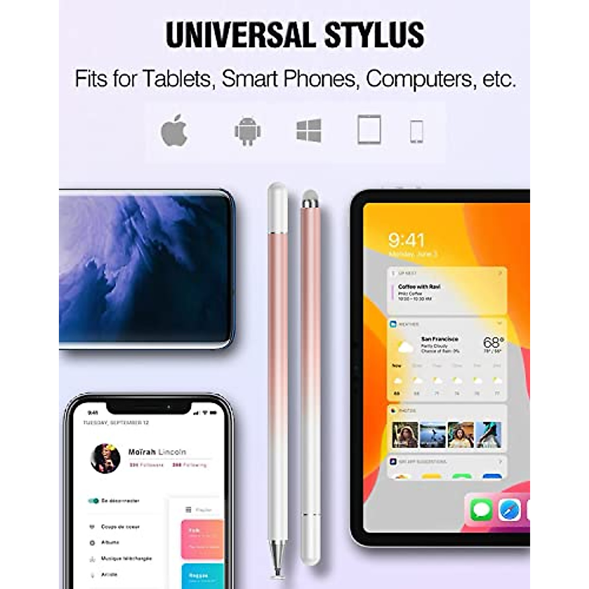 Stylus Pens for Touch Screens, 2 in 1 High Precision Universal Stylus Pen for iPad Compatible with Apple, iPhone, iPad, Android, Microsoft Tablets, Phones, 3 Pack-Blue, Pink, Purple