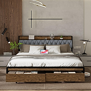 HAOARA King Size Metal Platform Bed Frame with 2 Storage Drawers & LED Light, Velvet Button-Tufted Headboard with Outlet & USB Charging Port, Heavy Duty, Brown Wooden Panel, No Box Spring Needed