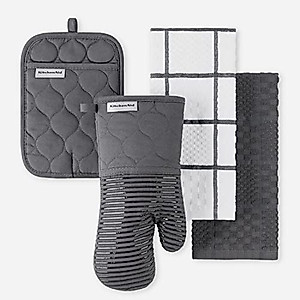 KitchenAid Onion Quilt KT OM PH Kitchen Towel, Oven Mitt & Potholder Set, Charcoal Grey