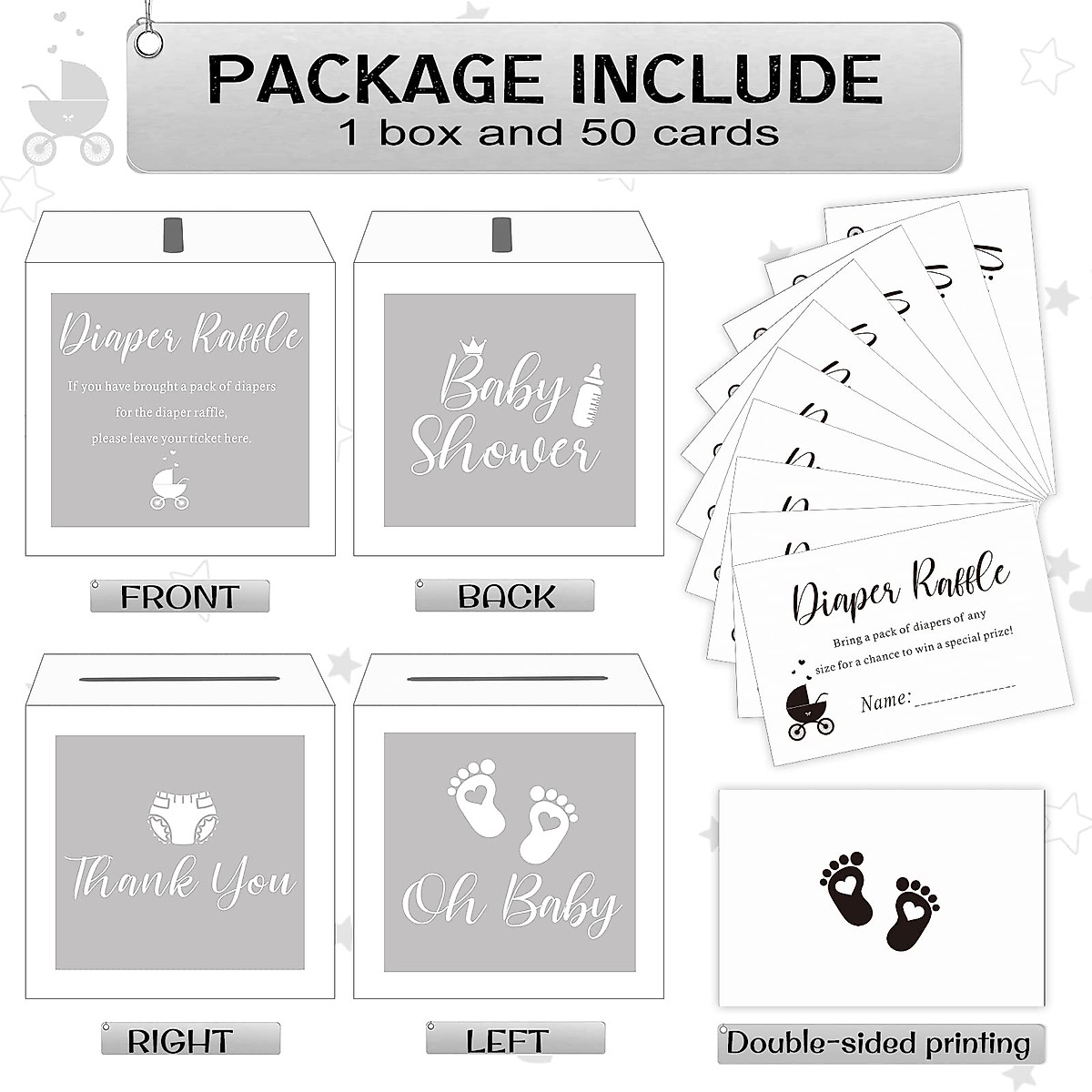 Funrous 50 Diaper Raffle Tickets with Box for Baby Shower Game Invitations Diaper Raffle Card for Gender Reveal Baby Shower Party Decoration Table Centerpiece (Clear White)