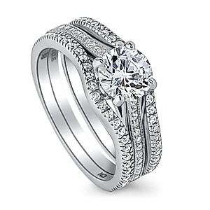BERRICLE Sterling Silver Solitaire Wedding Engagement Rings 1 Carat Round Cubic Zirconia CZ Ring Set for Women, Rhodium Plated Size 7