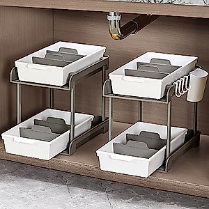 LANDNEOO 2 Tier Clear Organizer with Dividers & 2 Set, 2 Tier Pull-Out Under Sink Organizer and Storage with Dividers