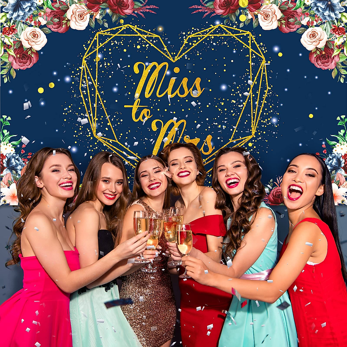 Miss to Mrs Banner Backdrop Navy Blue Flower Glitter Wedding Bridal Shower Background Bride to Be Party Banner Engagement Bachelorette Backdrops Photography Decorations Photo Booth Props 71 x 44 Inch