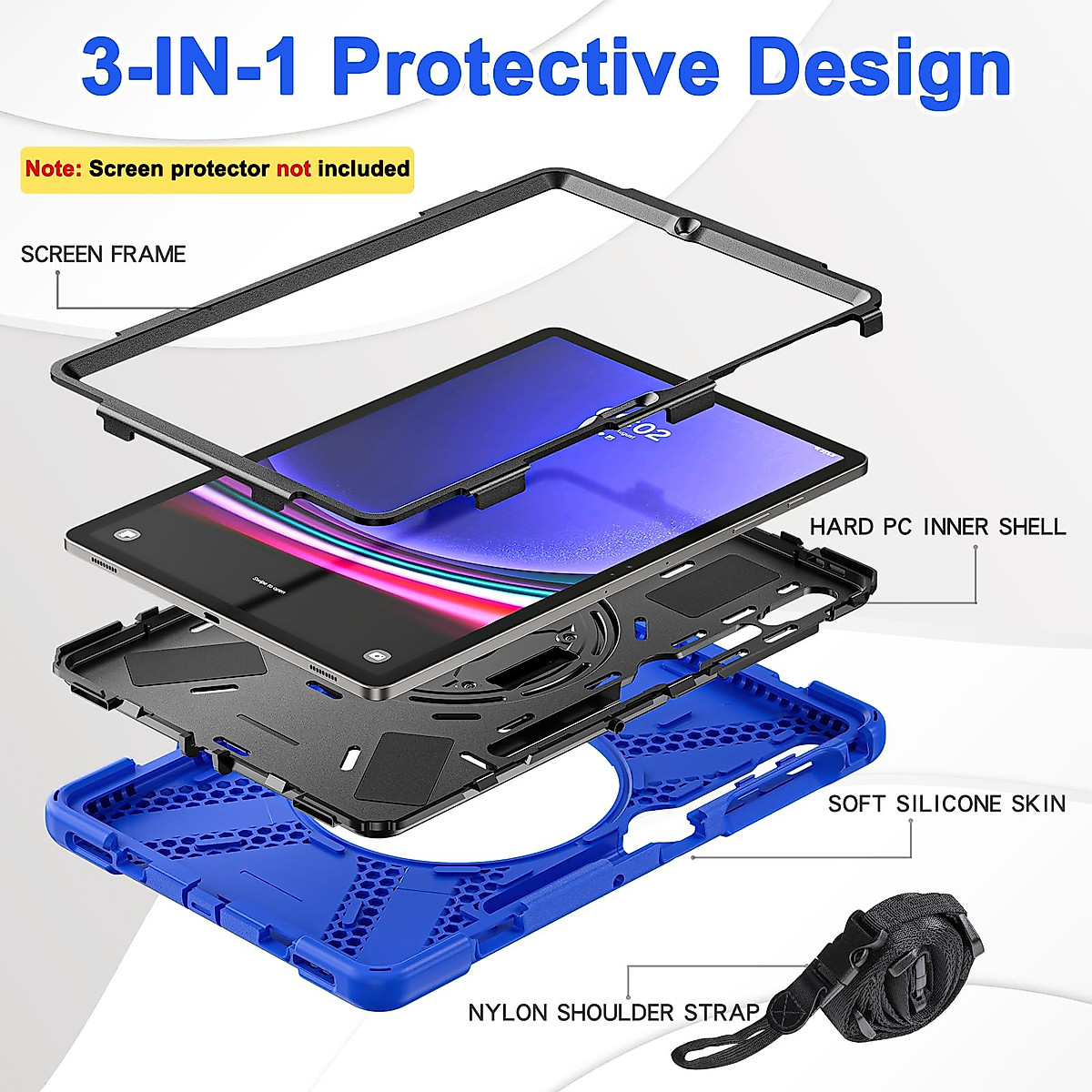 BRAECN for Galaxy Tab S10+/ S9+/S9 FE+/S8+/S7+/S7 FE12.4 Inch Case,Heavy Duty Tablet Case with Adjustable Hand Strap, Built-in S Pen Holder, Shoulder Strap, Stand for Samsung Galaxy Tab S9 Plus -Blue