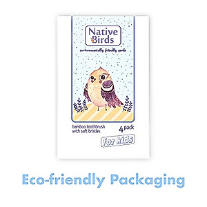 Native Birds Kids Bamboo Toothbrush with Soft Bristles, Set of 4 Eco Friendly Toothbrushes, BPA Free, Designed in Ukraine