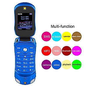 Car-Shaped Flip Phone for Senior & Kids, Flip Keypad 2G GSM Cell Phone 100-240V, Support MP3, Camera, Video Playback, Recording, Radio, Bluetooth, Calculator(Blue)