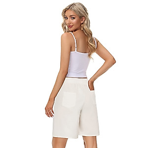 KANCY KOLE Plus Size Shorts for Women White Linen Shorts Knee Length High Waisted Beach Shorts with Pockets(White,2XL)