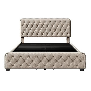 Livavege Queen Size Bed Frame with 4 Storage Drawers on Wheels & Button Tufted Headboard and Footboard, Modern Upholstered Platform Bed w/Steel Slats Support, Metal Queen Bedframe No Box Spring Needed