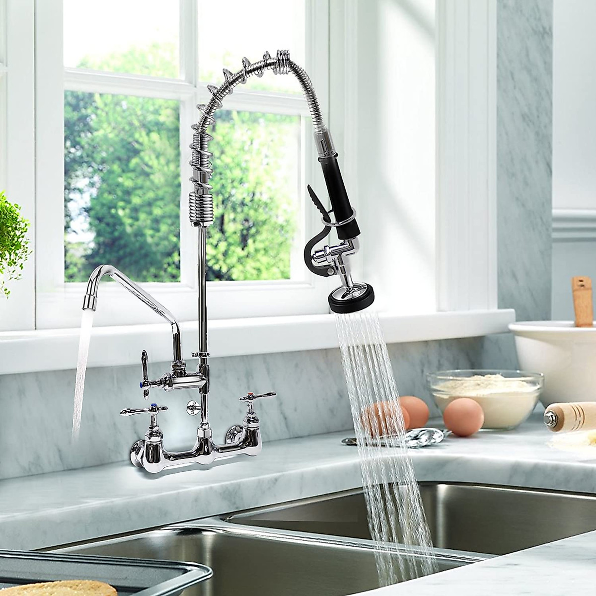 MYWHITENG Commercial Kitchen Faucet with Sprayer, 8 Inch Adjustable Wall Mounted Restaurant Faucets 12" Spout Pull-Down PreRinse Faucet 25” Height Suitable for 1, 2 or 3 Compartment Sink (Solid Brass)