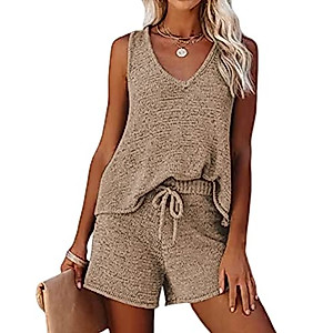 Ekouaer Womens Fashion Knit Pajama Set 2 Piece Outfits V-Neck Sleeveless Tank Top and Drawstring Shorts Lounge Set Tracksuit